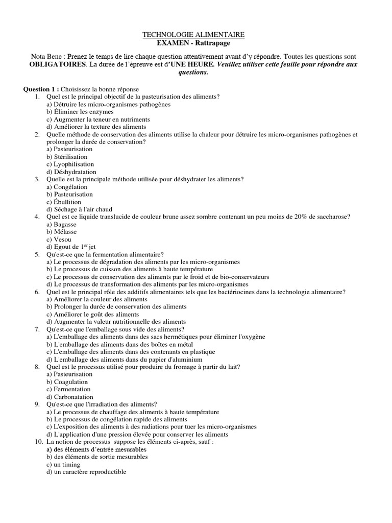 Examen de Technologie Alimentaire | PDF | Conservation des aliments ...