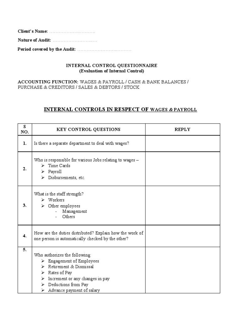 51 - Internal Control Questionnaire | PDF | Cheque | Piece Work