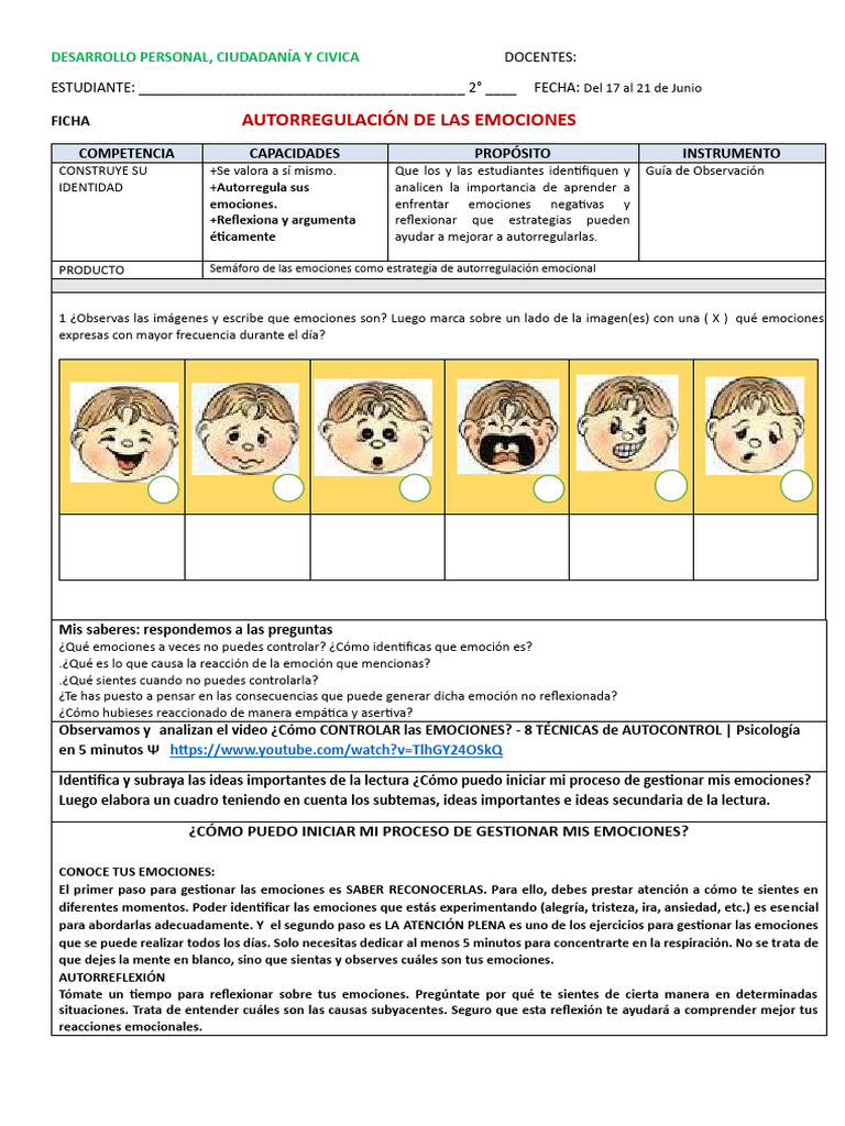 FICHA Autorregulacion de Emociones | PDF | Las emociones | Estrés ...