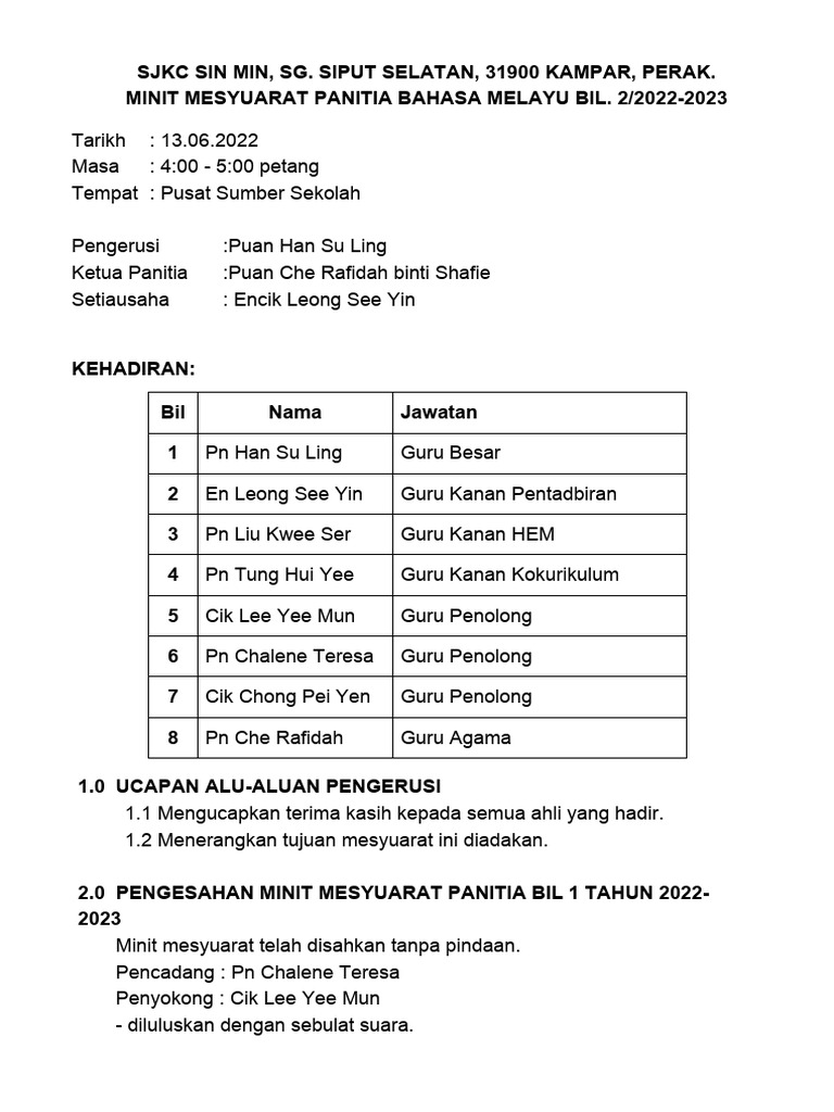 Minit Mesyuarat 2 Panitia Bahasa Melayu 2022 | PDF