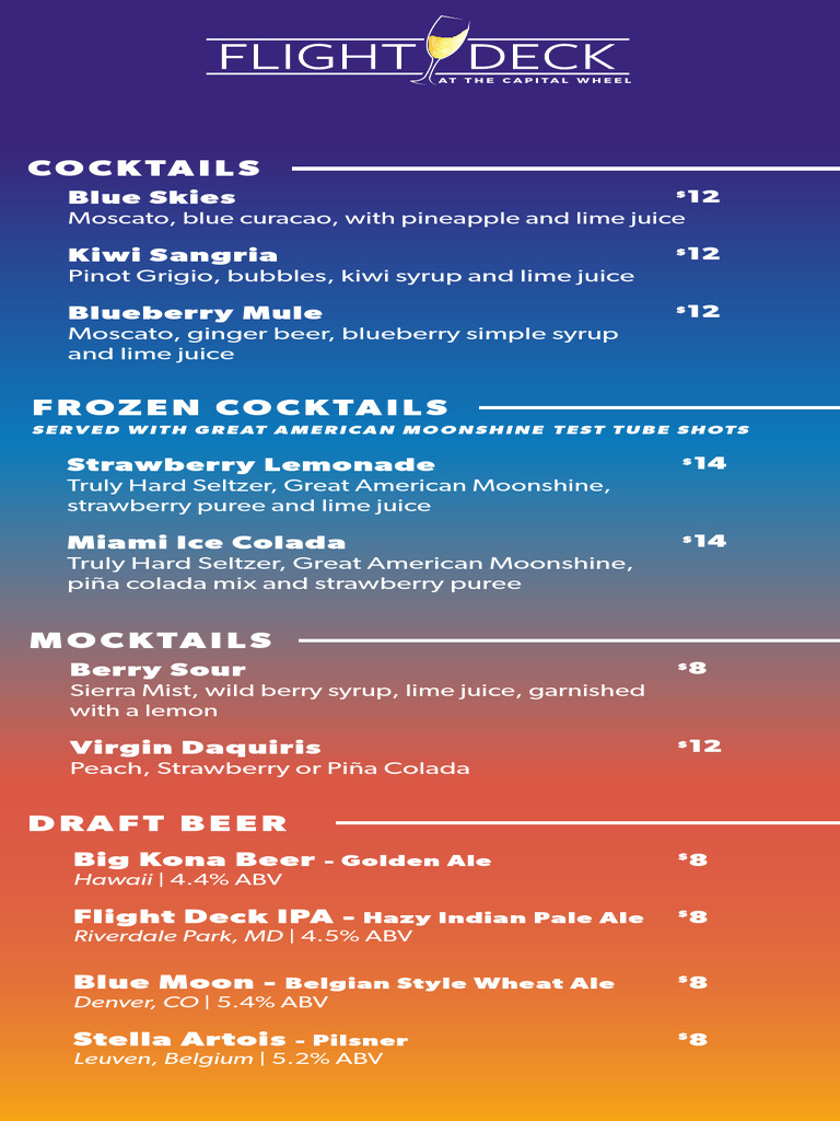 CW Flight Deck Bar Menu 4.11.24 4x9 1 | PDF | Alcoholic Drinks | Fermented Drinks