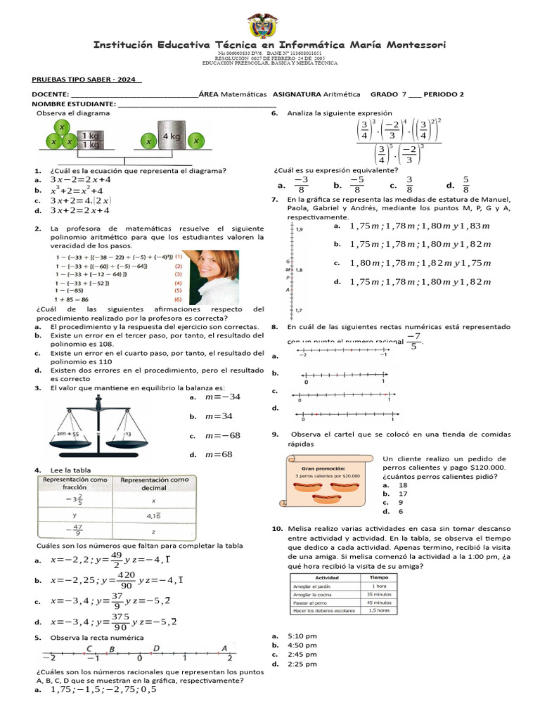 Pruebas de Matemáticas Grado 7 - 2024 | PDF | Matemáticas