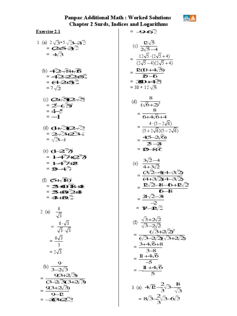 Panpac Additional Math: Worked Solutions Chapter 2 Surds, Indices and Logarithms | PDF ...