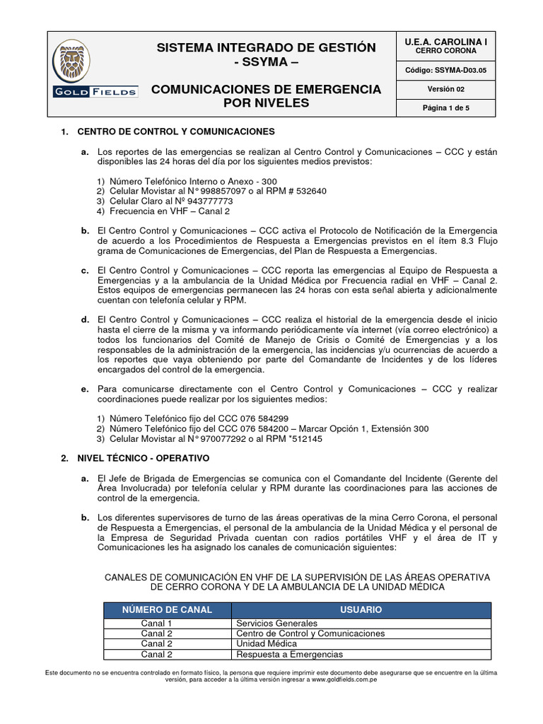 SSYMA-D03.05 Comunicaciones de Emergencias por Niveles Anexo III V2 | PDF | Telecomunicaciones