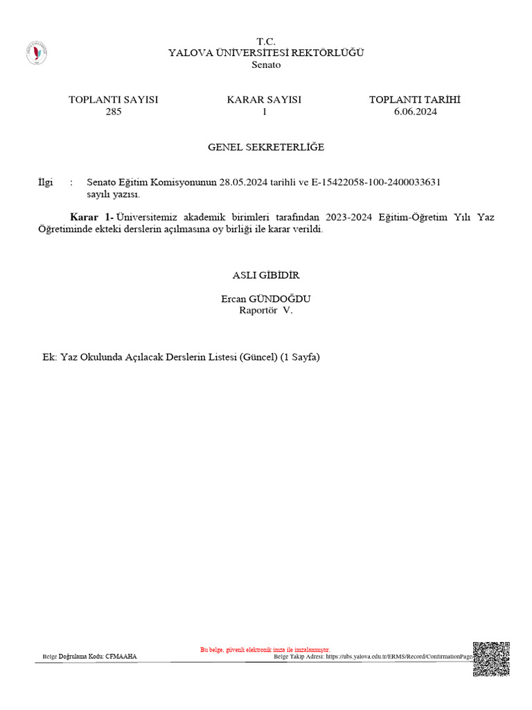 Yaz Ogretiminde Acılması Planlanan Dersler | PDF