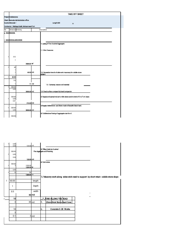Take Off Sheet: Sub Structure | PDF | Road Surface | Road