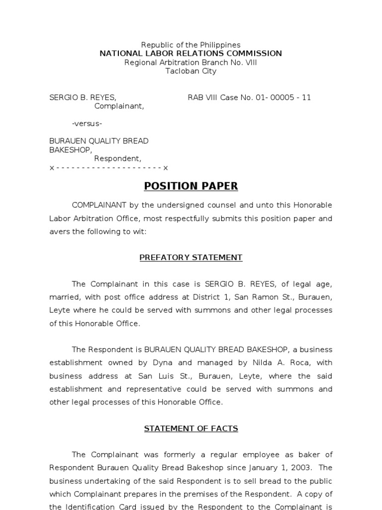 NLRC Position Paper Reyes | PDF | Overtime | Employment