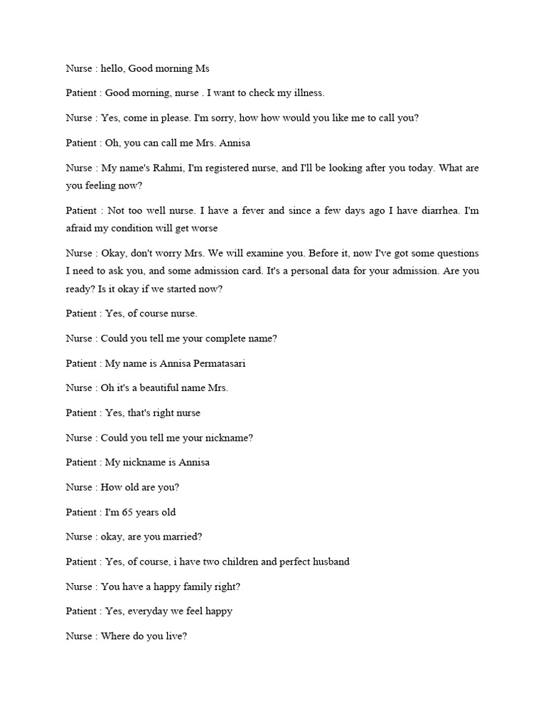 Dialog Nurse and Patient Dialogue | Download Free PDF | Nursing | Clinical Medicine