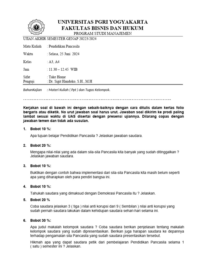 UAS Pendidikan Pancasila Manajemen A3, A4 | PDF