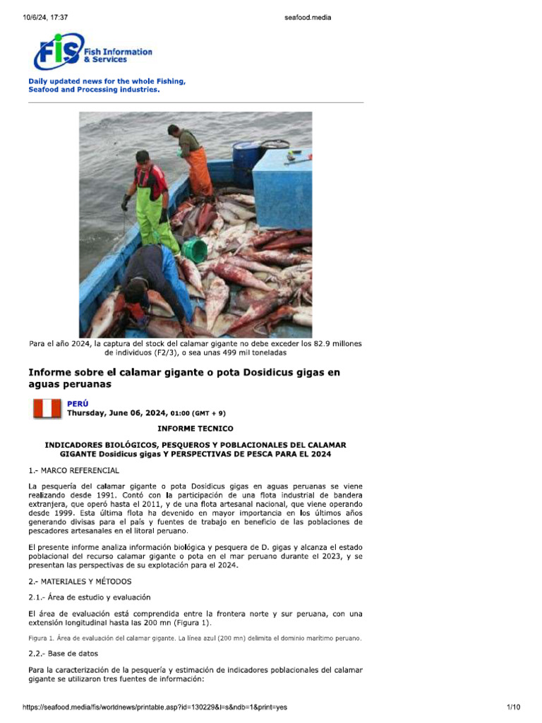 Informe Sobre El Calamar Gigantec o Pota Dosidicus Gigas en Las Aguas ...