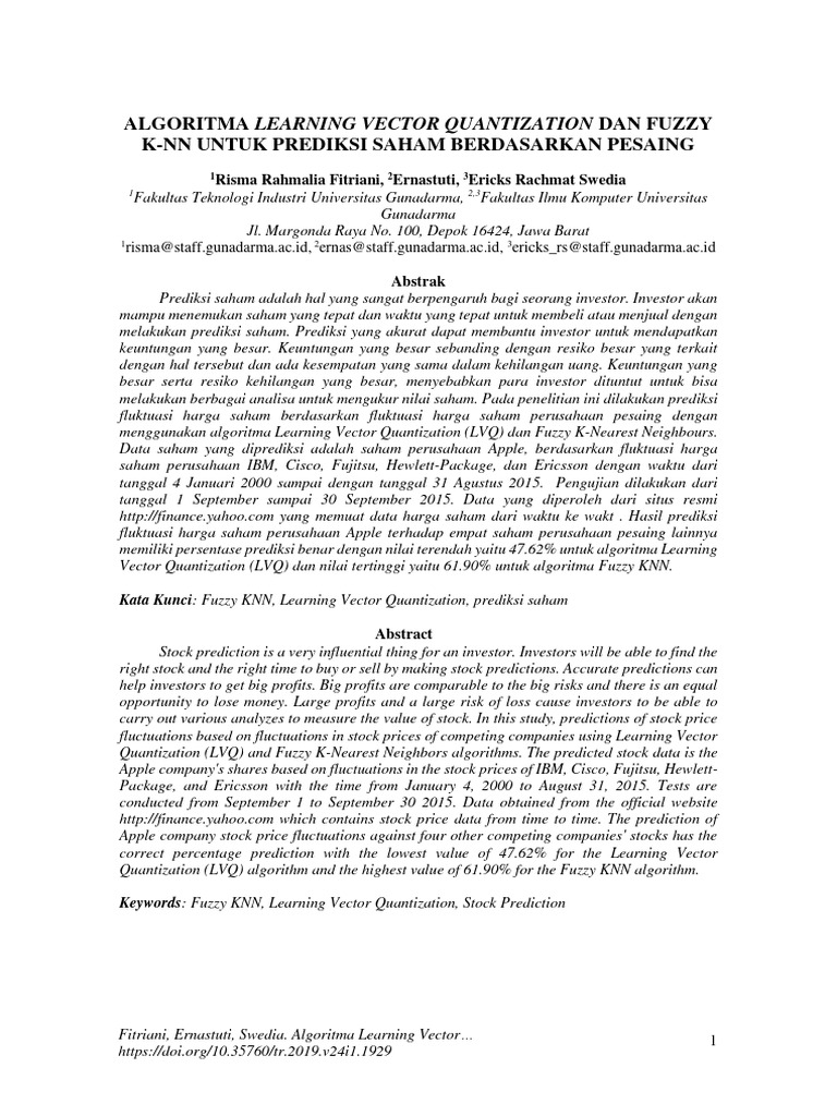 Algoritma Learning Vector Quantization Dan Fuzzy K-NN Untuk Prediksi Saham Berdasarkan Pesaing | PDF