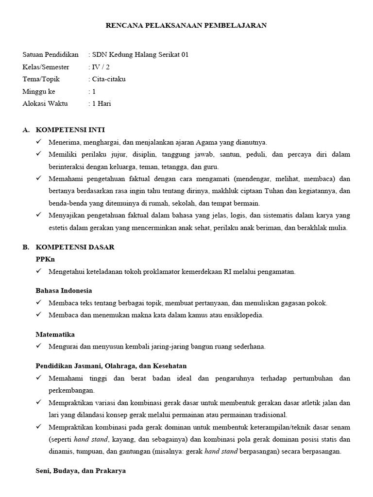 RPP Kelas IV TEMA 6 Cita-Citaku | PDF | Pengembangan Diri | Kesehatan Holistik