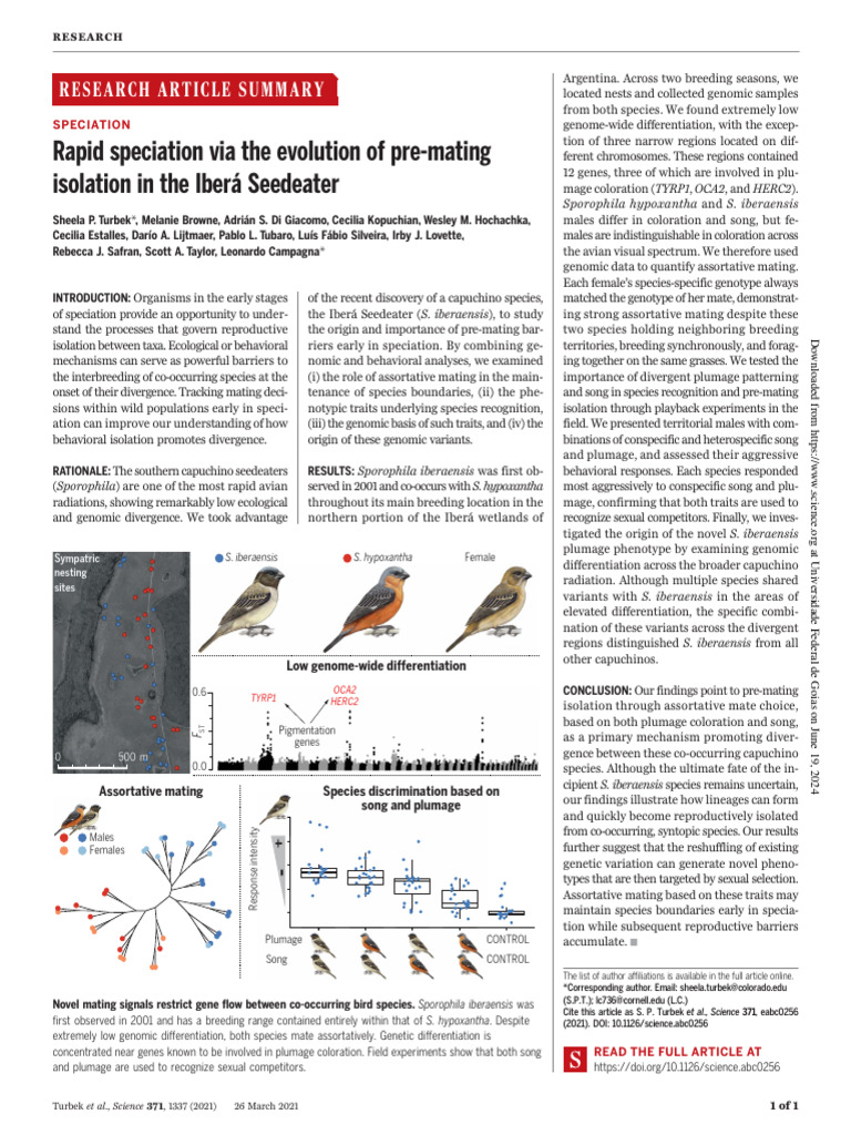 Turbek Et Al (2021) Rapid Speciation Via The Evolution of Pre-Mating ...
