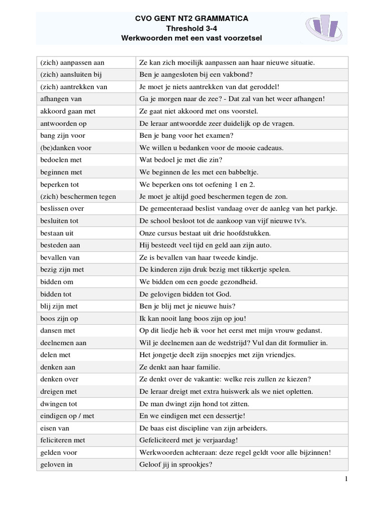 TH3-4 Lijst Werkwoorden Met Een Vast Voorzetsel | PDF