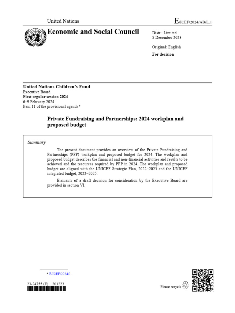 2024 ABL1 PFP Workplan and Budget 2024 EN ODS | PDF | Fundraising | Unicef