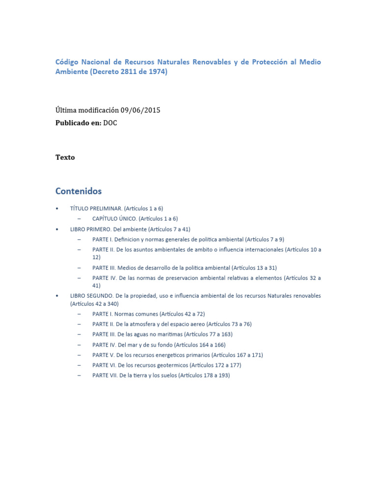 C Digo Nacional de Recursos Naturales Renovables y de Protecci N Al Medio Ambiente (Decreto 2811 ...