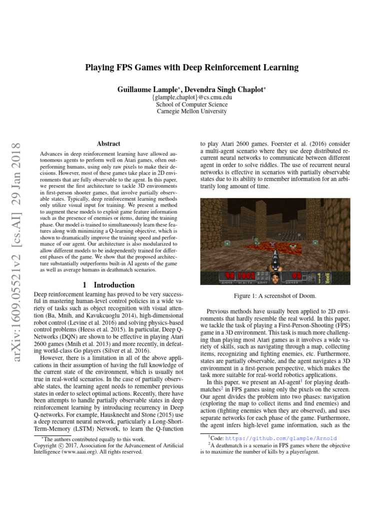 Playing FPS Games With Deep Reinforcement Learning: Guillaume Lample, Devendra Singh Chaplot ...