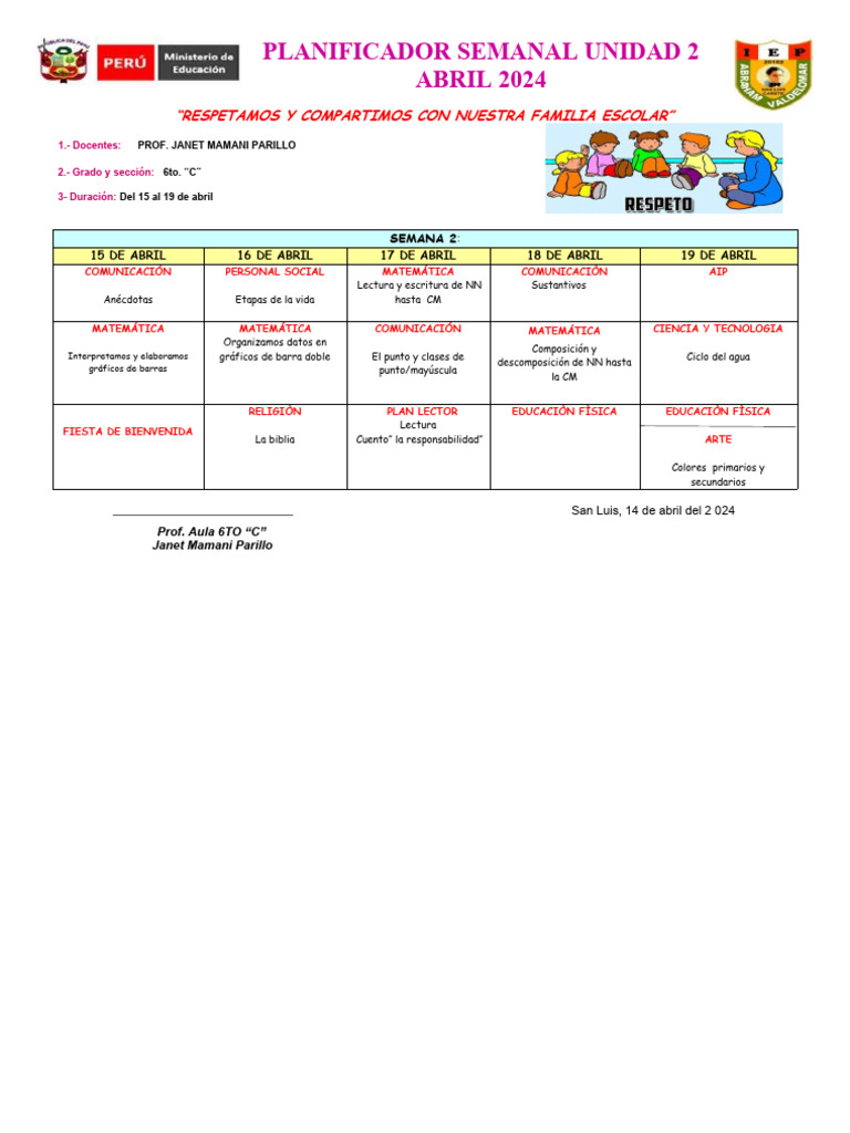 Planificador Abril Semana 2 | PDF | Aprendizaje