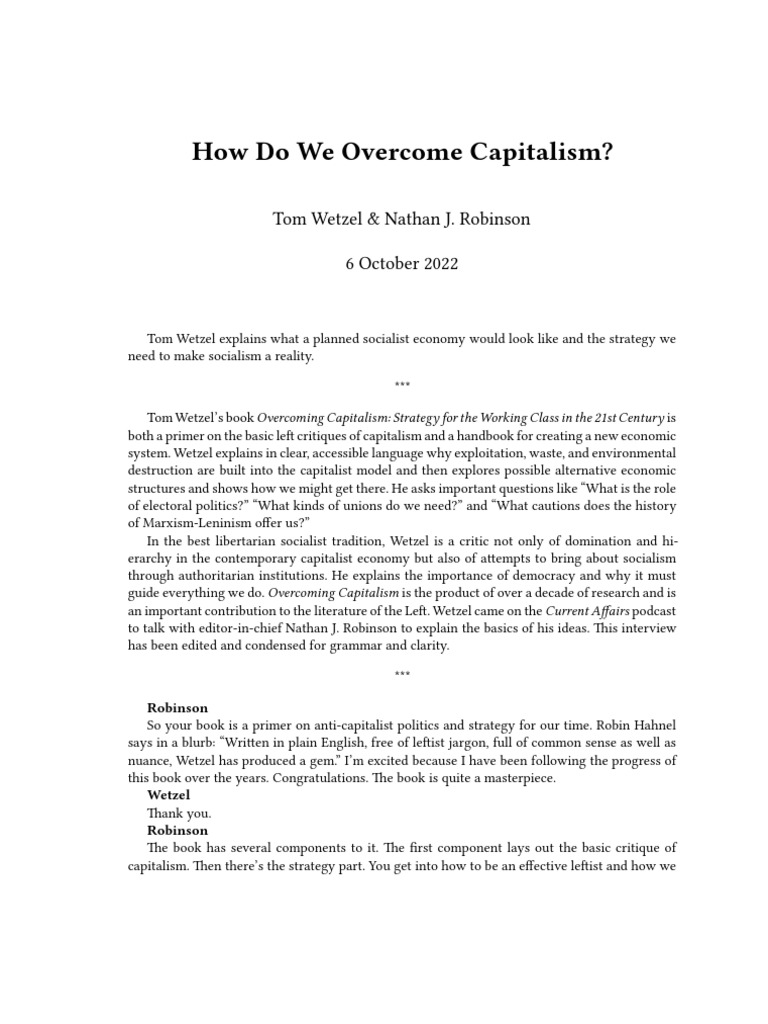 Tom Wetzel Nathan J Robinson How Do We Overcome Capitalism | PDF ...