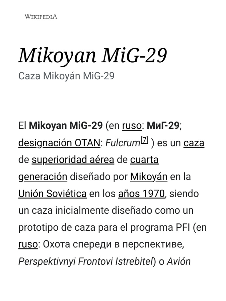 Mikoyan MiG-29 - Wikipedia, La Enciclopedia Libre | PDF | Avión de ...