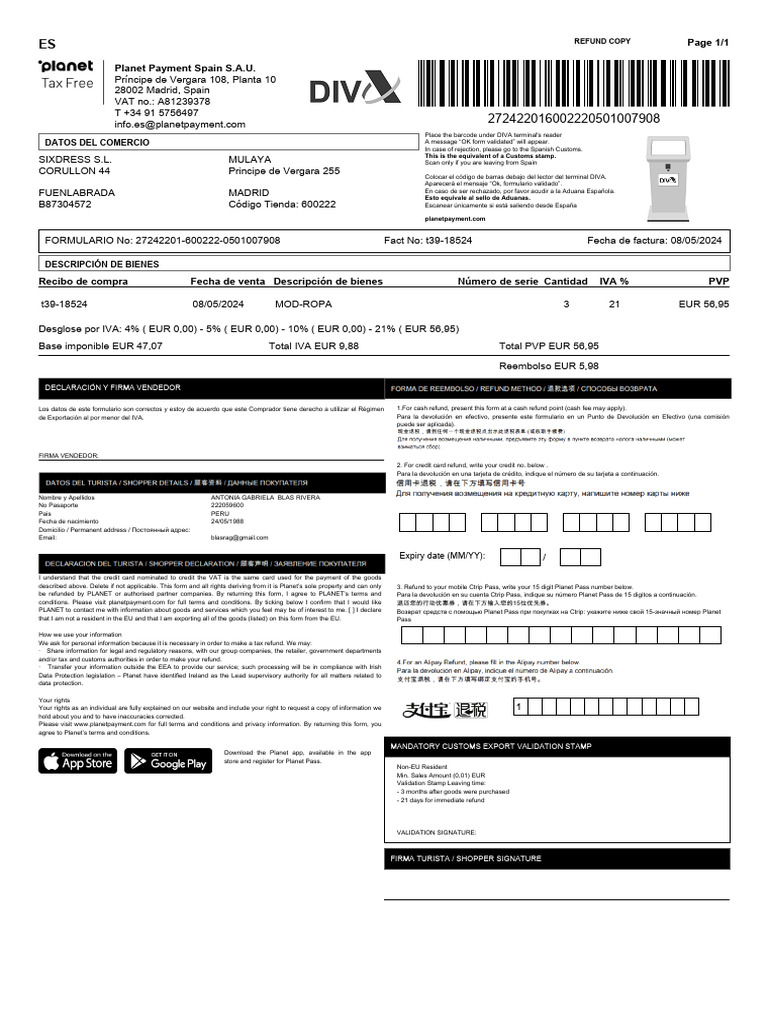 Page 1/1 Planet Payment Spain S.A.U.: Datos Del Comercio | PDF | Taxes ...