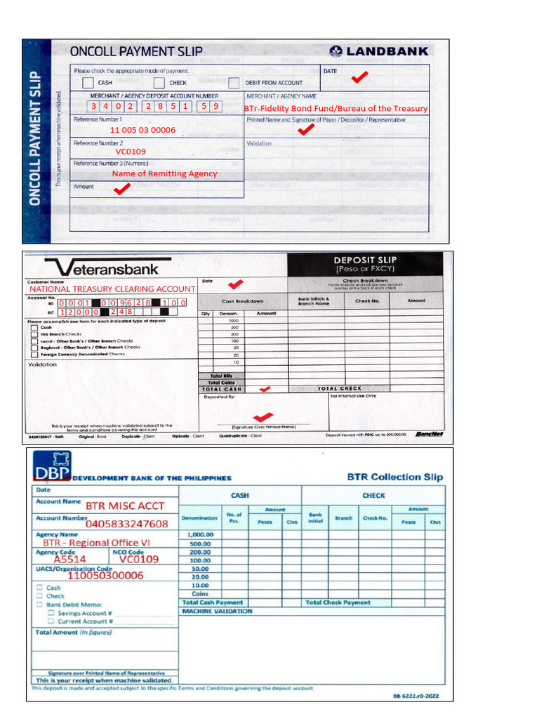 Sample Deposit Slips For Bureau of The Treasury Fidelity Bond | PDF