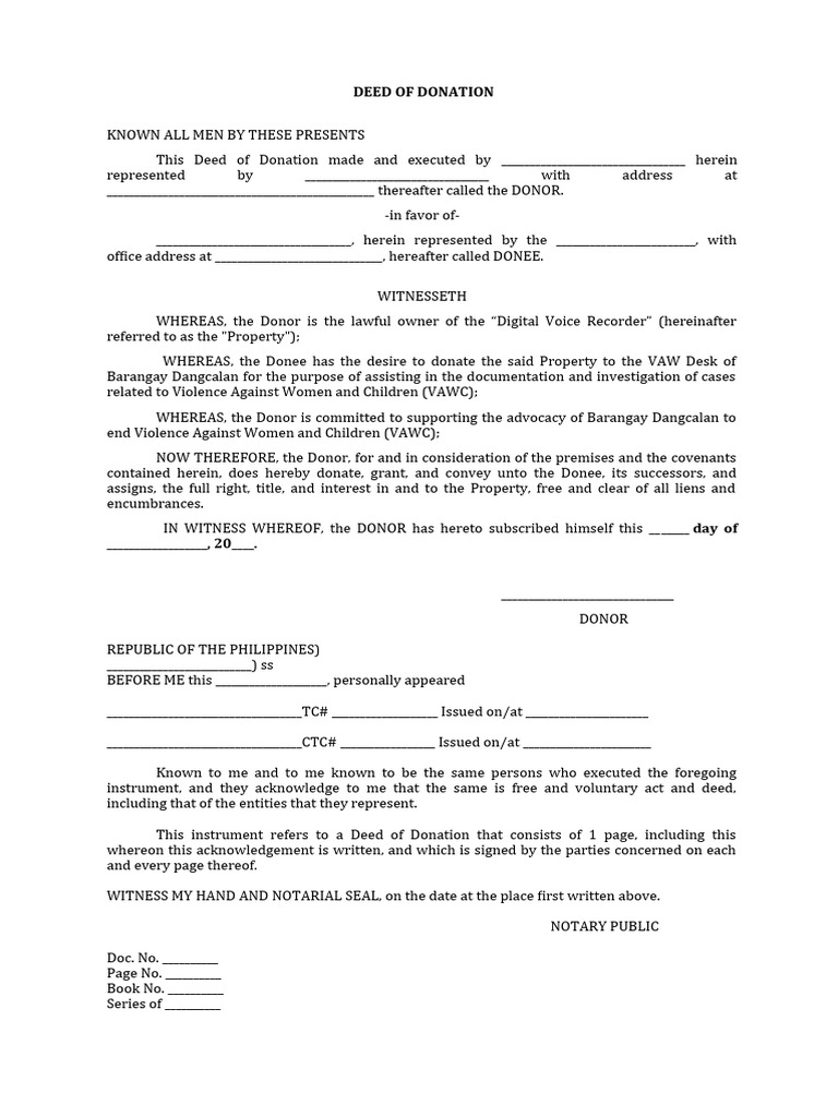 Sample - Deed of Donation and Acceptance | Download Free PDF | Deed ...