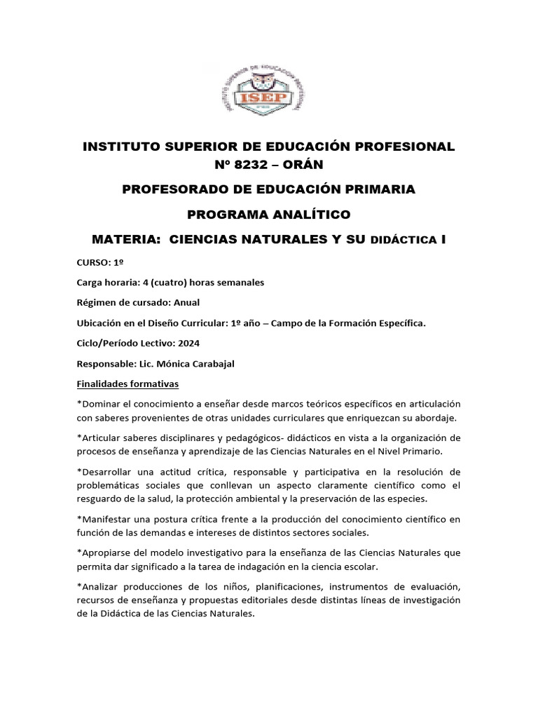 Programa Ciencias Naturales Y Su Did ctica I PDF Ense ando