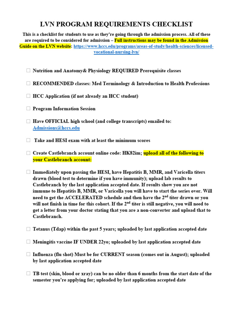 LVN Program Requirements Checklist - 06 - 13 - 2023 | PDF | Medicine ...