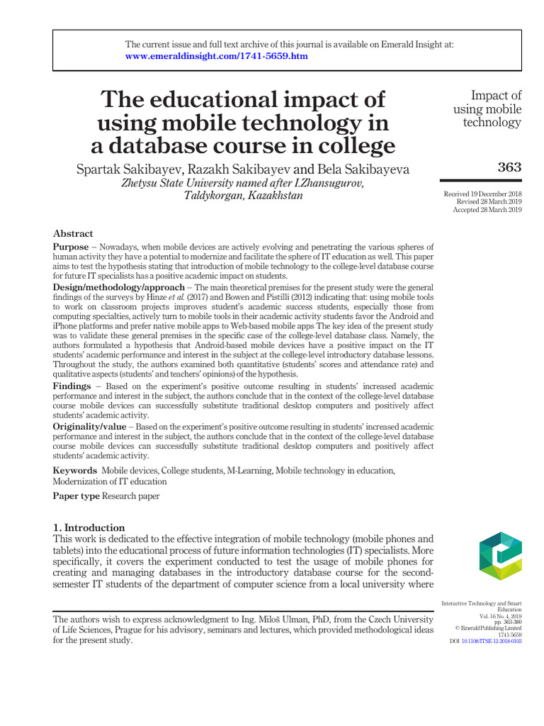 The Educational Impact of Using Mobile Technology in A Database Course ...