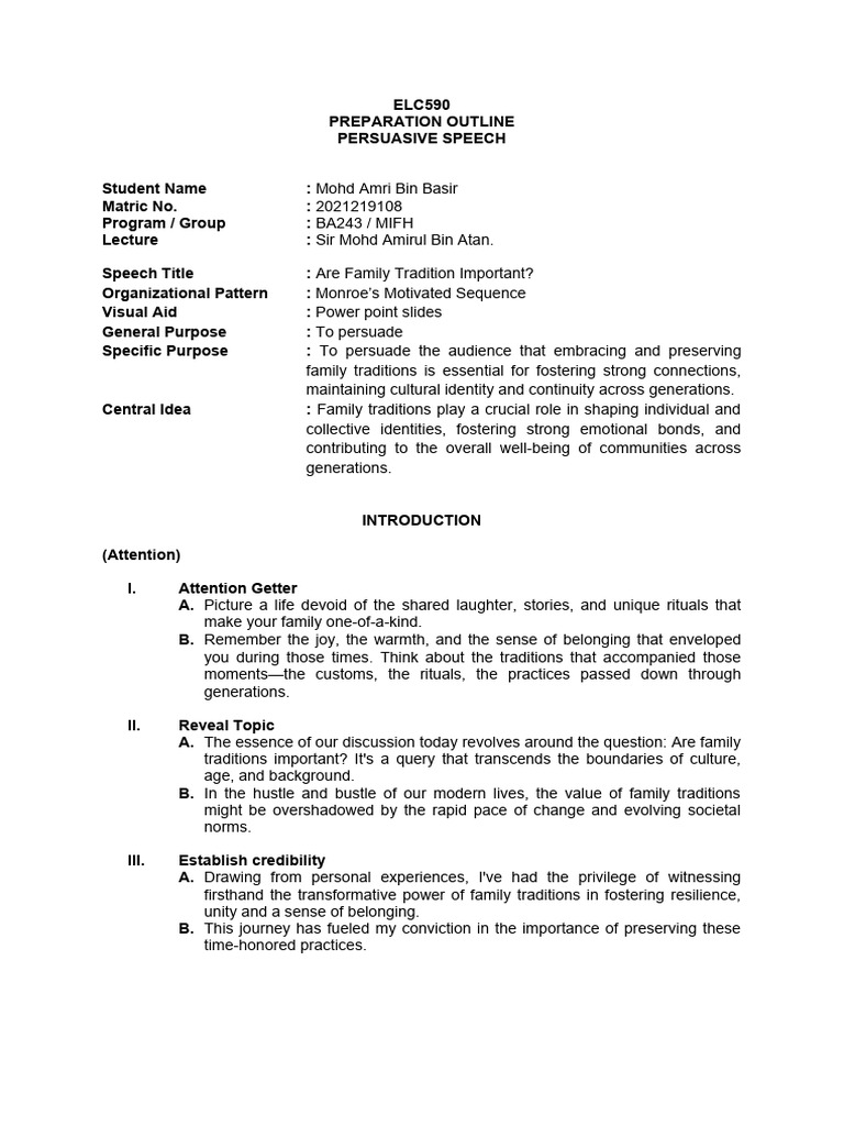 Persuasive Speech Outline Elc590 Pdf Traditions Identity