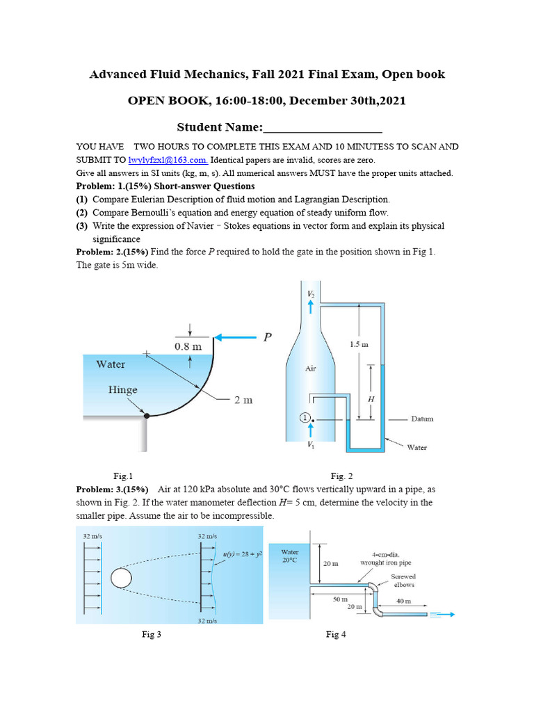Advanced Fluid Mechanics Final Exam | PDF