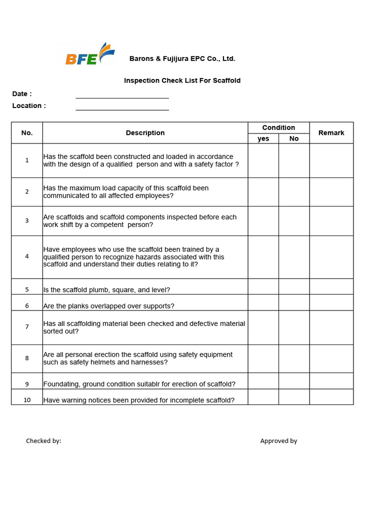 Inspection Check List For Scaffold | PDF
