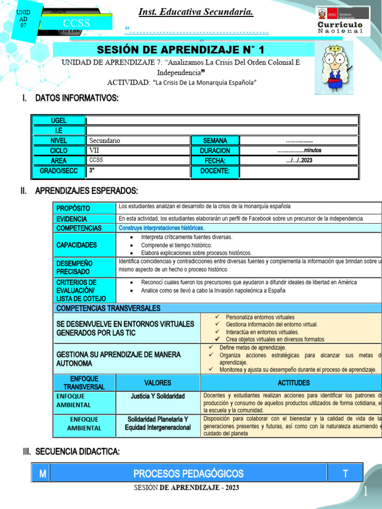 1. SESION CCSS 3° SEC-SEMANA 01 UNI 7 | PDF | Evaluación | Aprendizaje