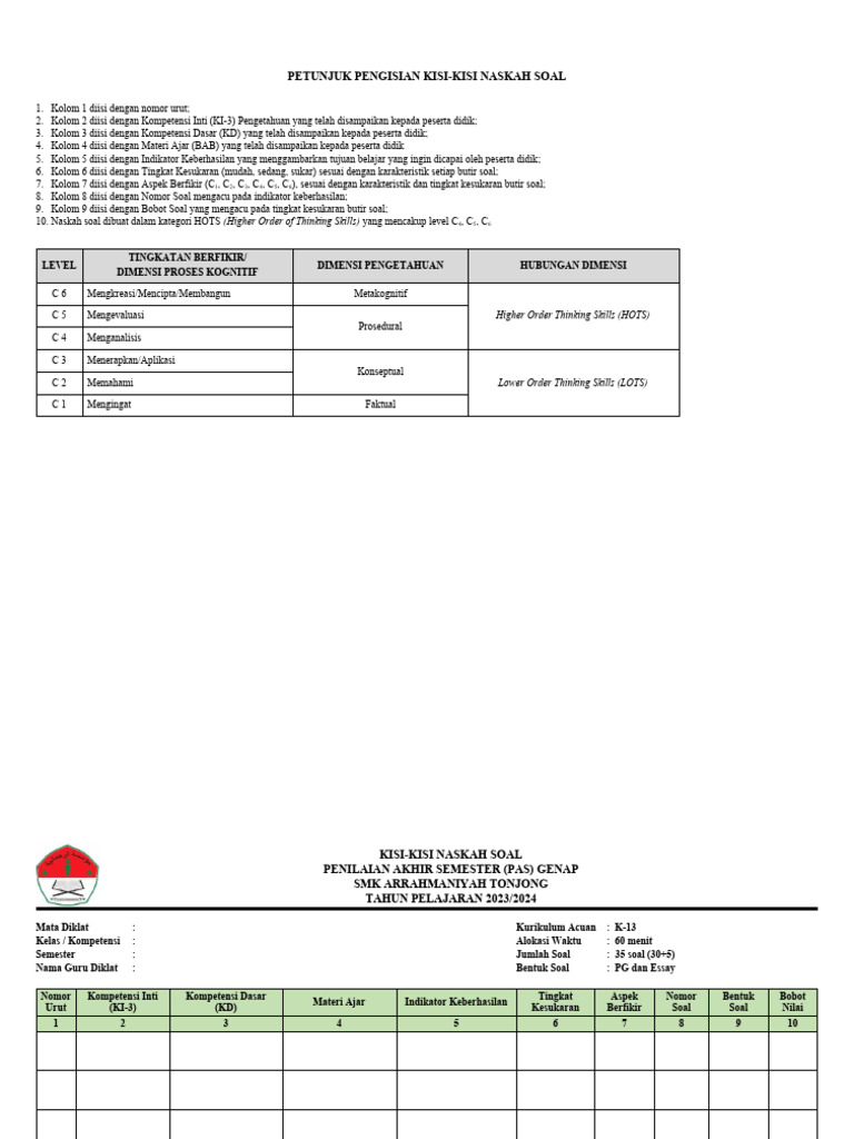 Kisi-Kisi Pas Genap 2024 | PDF