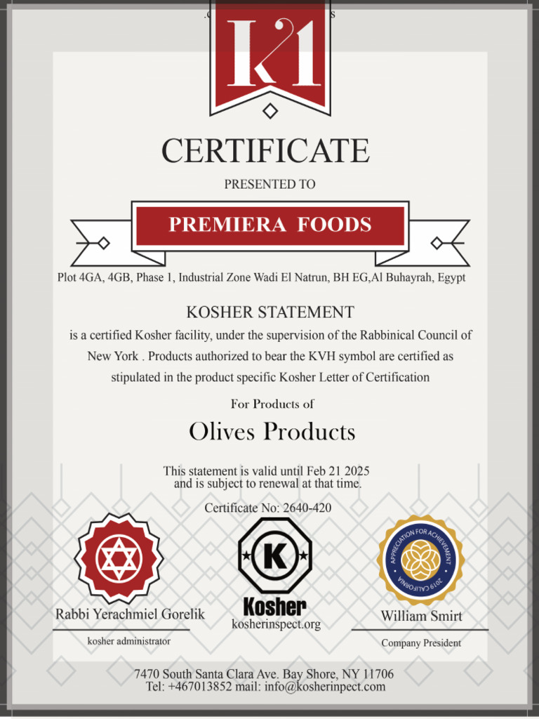 Premeira Foods Kosher Certificate | PDF