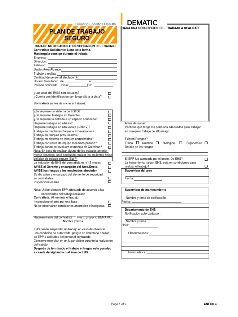 DEMATIC Safety Work Plan | PDF | Tecnología