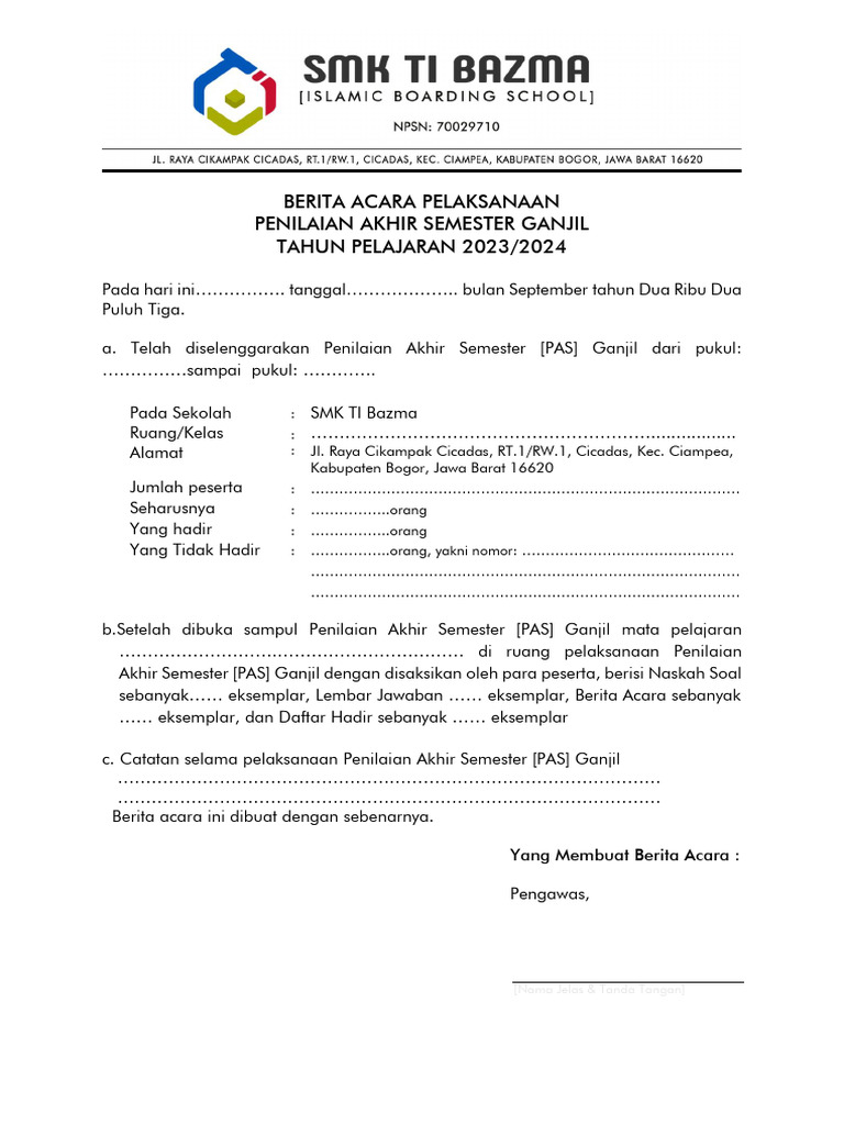 BERITA ACARA & DAFTAR HADIR PAS Ganjil 23-24 | PDF