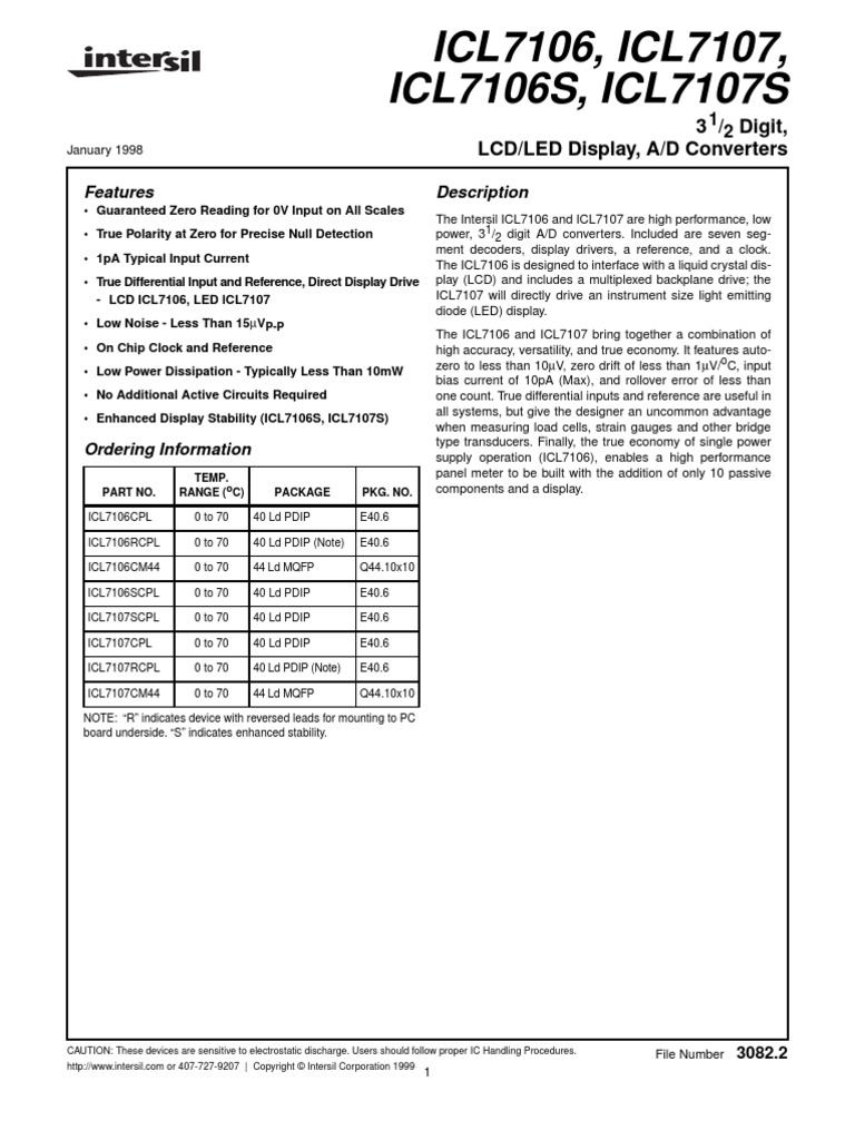 Datasheet ICL7107CPL | PDF | Analog To Digital Converter | Capacitor