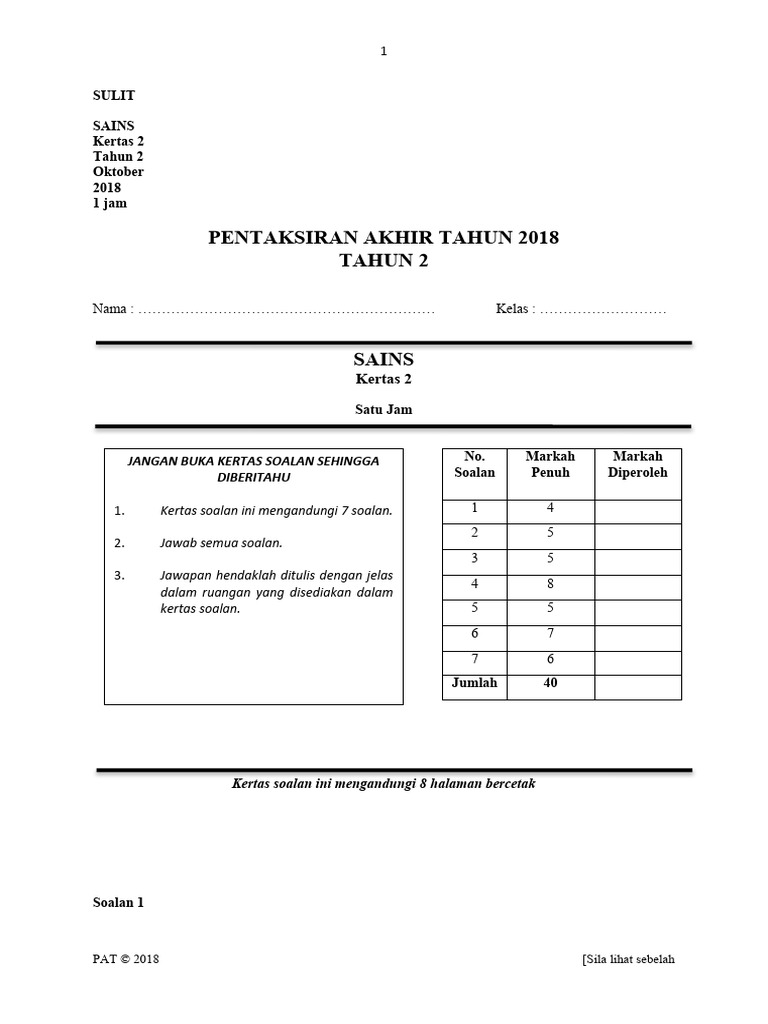 Soalan PAT 2018 - Sains T2 K2 Part A | PDF