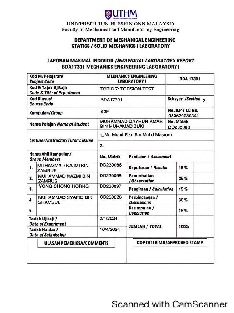 Lab Report Torsion Test DD230080 | PDF