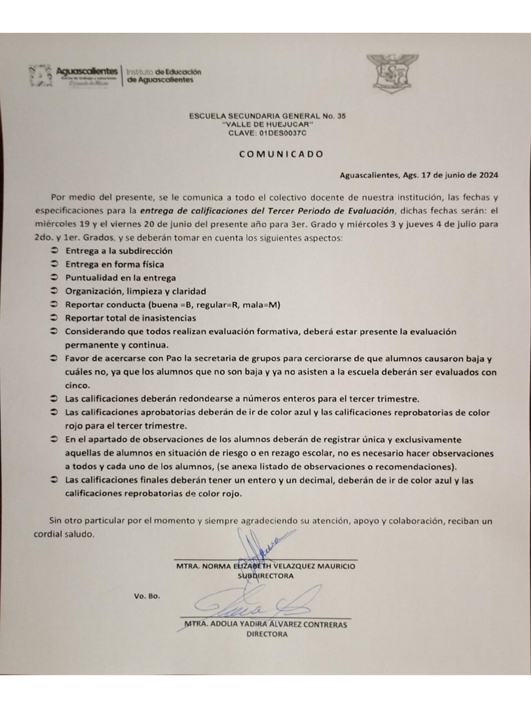 Comunicado de Evaluación 3er. Periodo | PDF