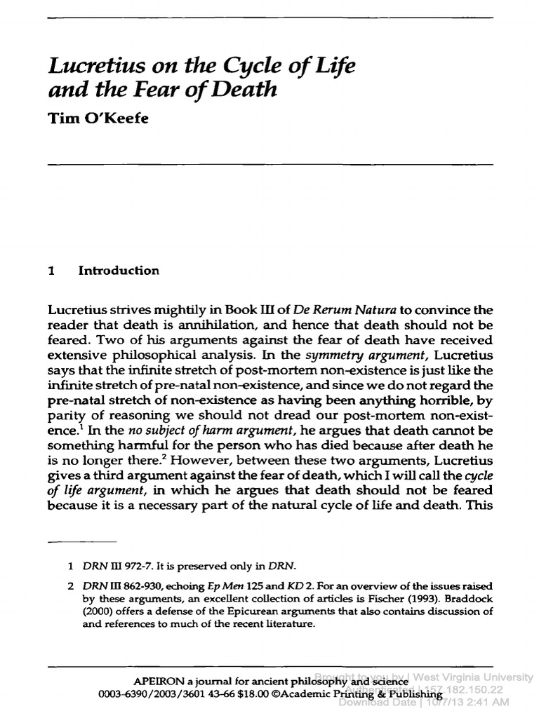 O'Keefe - Lucretius On The Cycle of Life and The Fear of Death | PDF ...
