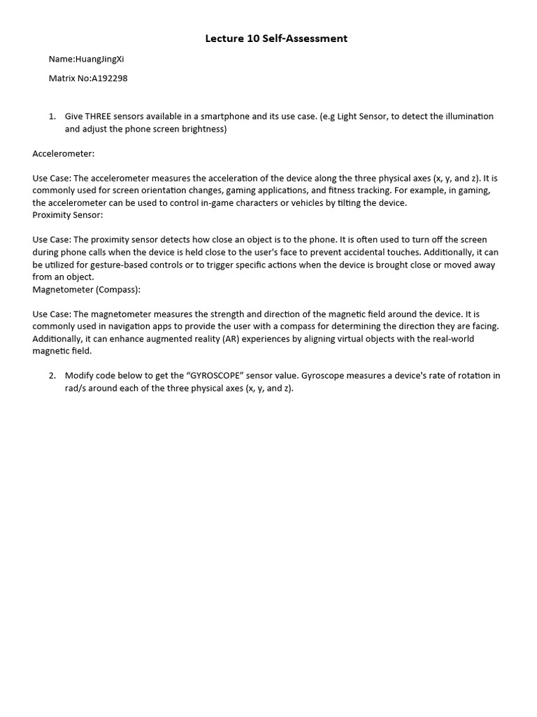 L10 Self Assessment A123456 | PDF | Accelerometer | Augmented Reality