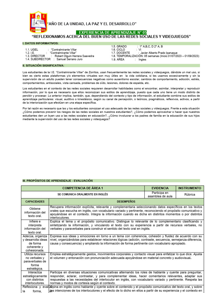 EXPERIENCIA 5 - INGLES 1ro - 2do | PDF | Aprendizaje | Idioma en Inglés