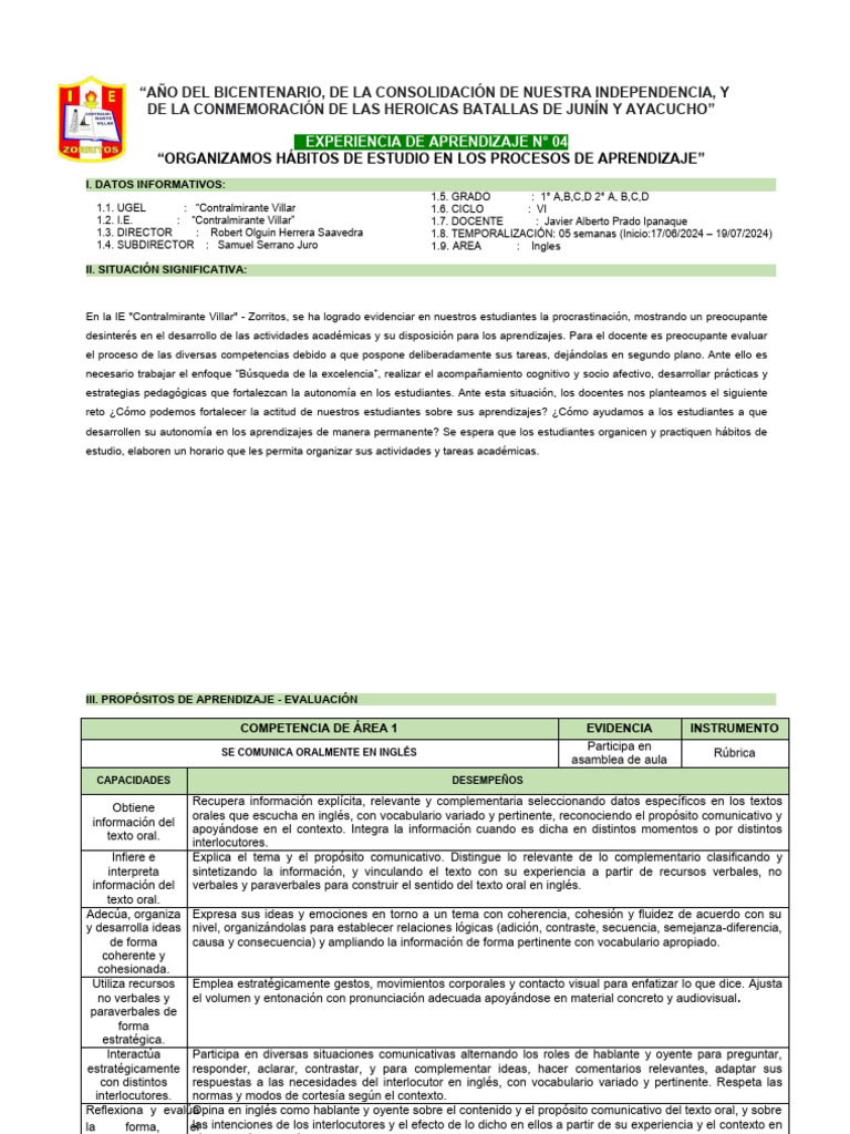 EXPERIENCIA 4 - INGLES 1ro - 2do | PDF | Aprendizaje | Experiencia