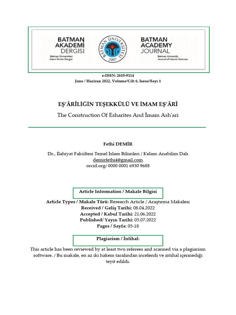 Eş'Ârîliğin Teşekkülü Ve İmam Eş'Ârî: The Construction of Esharites and ...