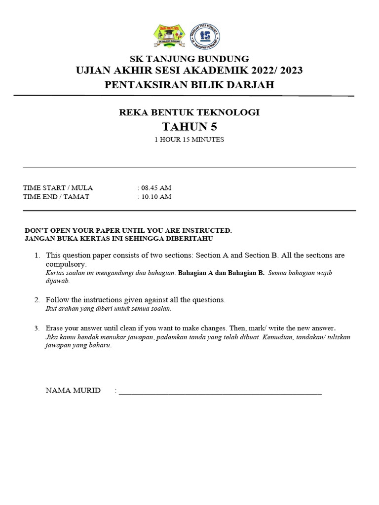Contoh Cover Uasa (Eng & DLP) 2023 | PDF