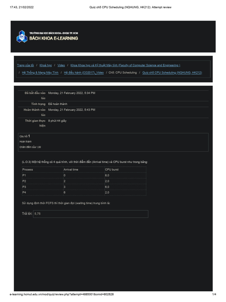 Quiz ch5 CPU Scheduling (NQHUNG, HK212) - Attempt Review | PDF