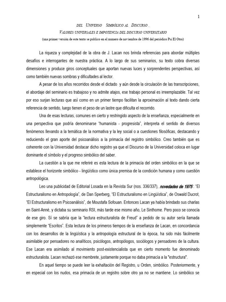 Del Universo Simbólico Al Discurso (JCM) | PDF | Jacques Lacan ...